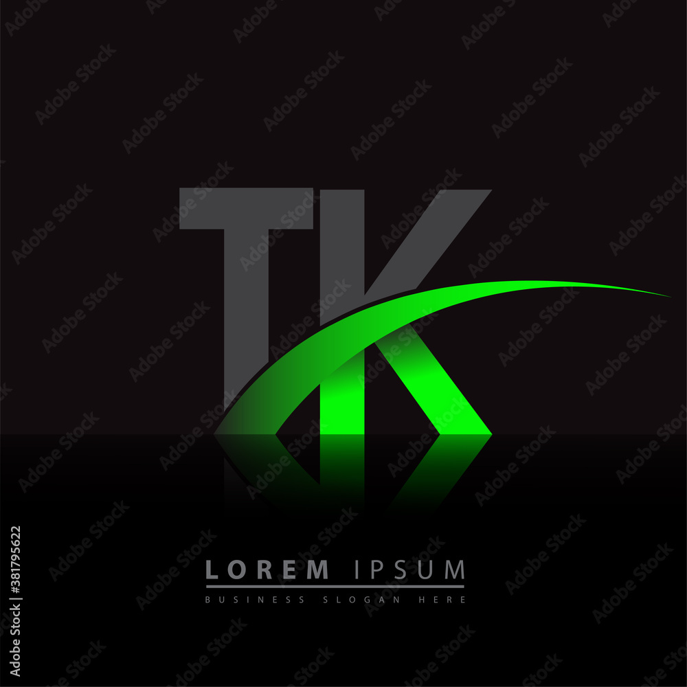 initial letter TK logotype company name colored green and black swoosh ...