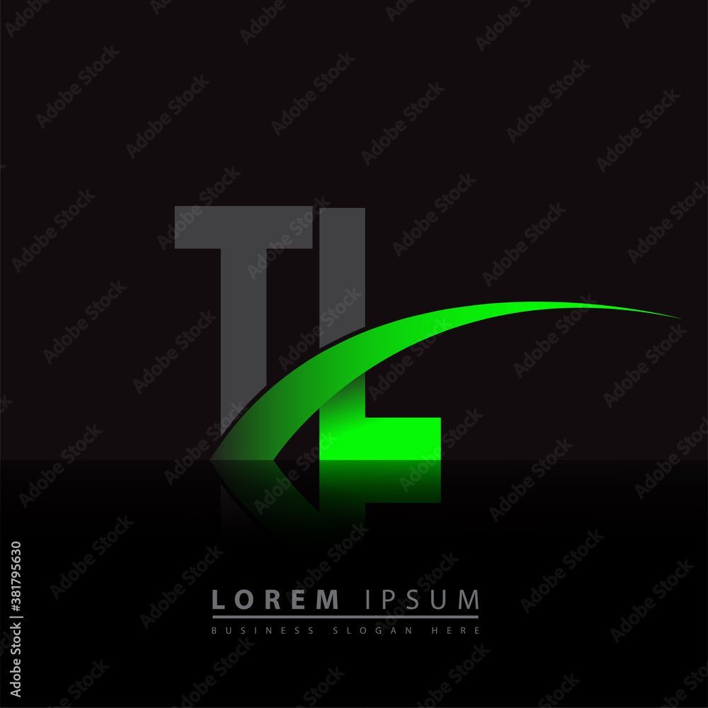 initial letter TL logotype company name colored green and black swoosh ...