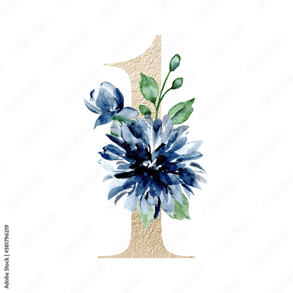 Gold number 1 with watercolor floral design vintage flower and leaf ...