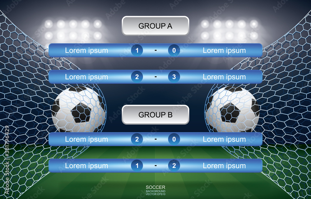 Match schedule of soccer football cup with stadium background. Soccer ...