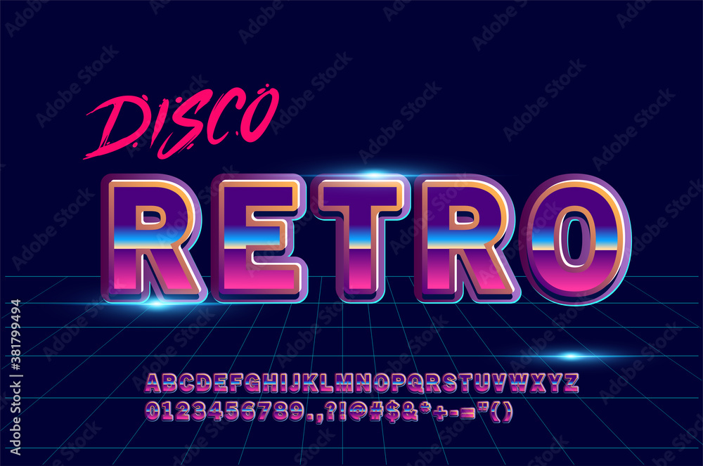 80s Disco alphabet font. Futuristic metal chrome letters. Bright ...