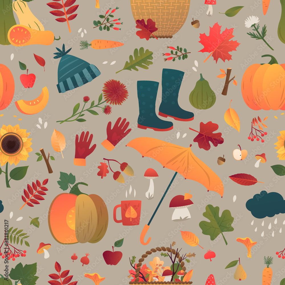 Happy Fall Autumn Seamless Pattern. Cartoon yellow plants, food, warm ...