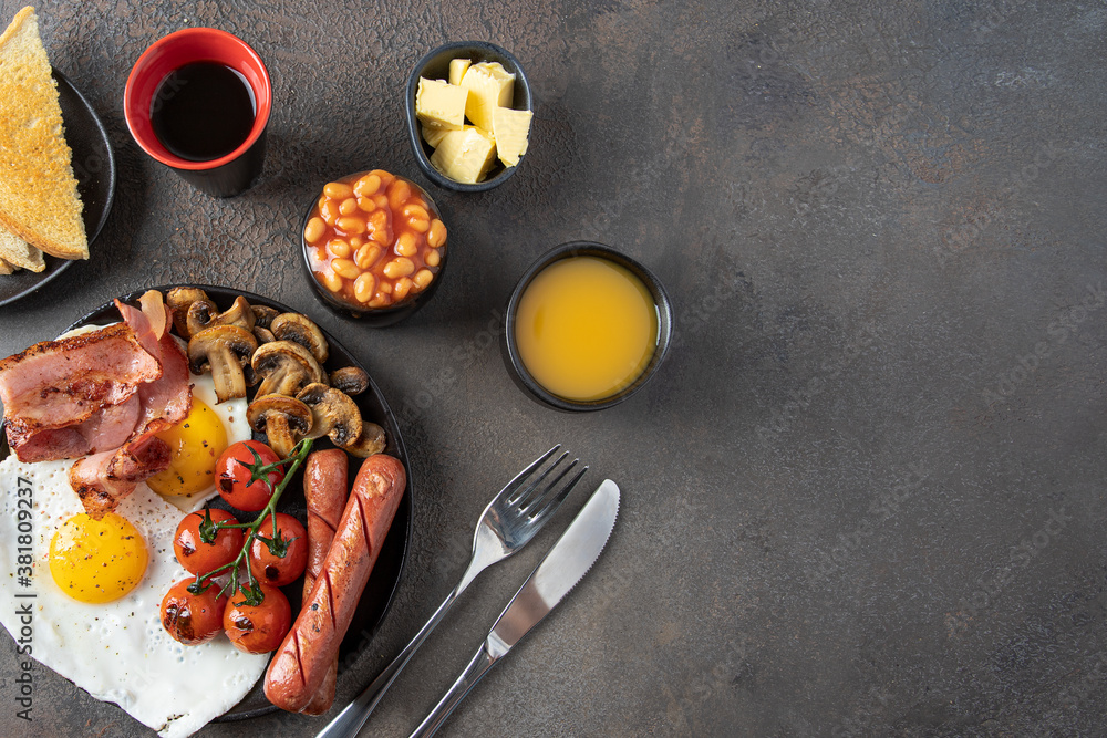 Top view of Full English breakfast on concrete background. Fried eggs ...