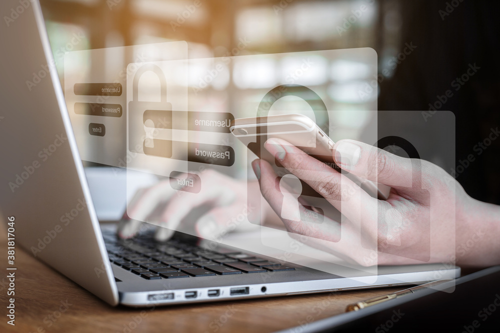 concept cyber security internet, user writing password on computer. data protection from hacker ...