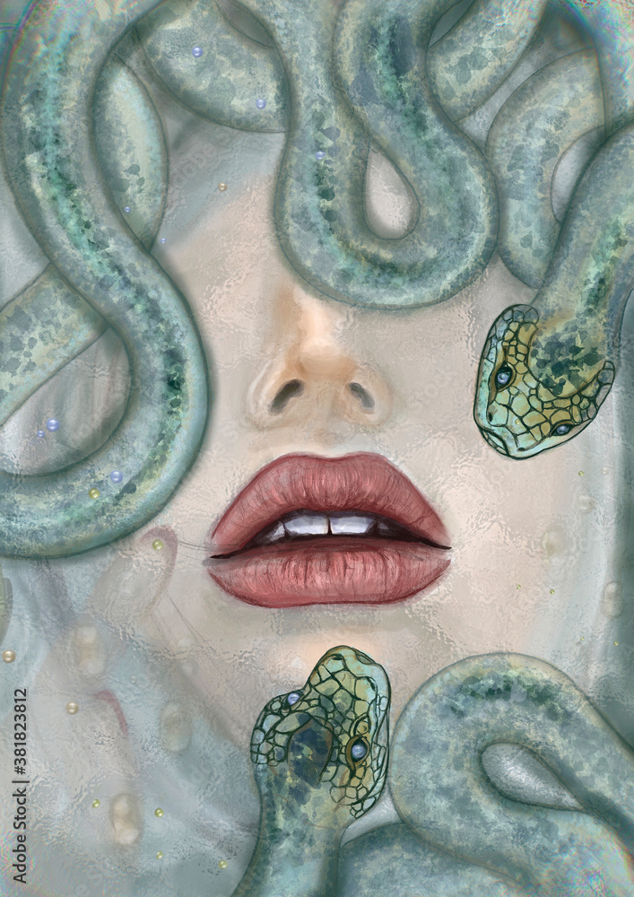 Ilustrace „Green snakes on woman face in water. Hand drawn watercolor ...