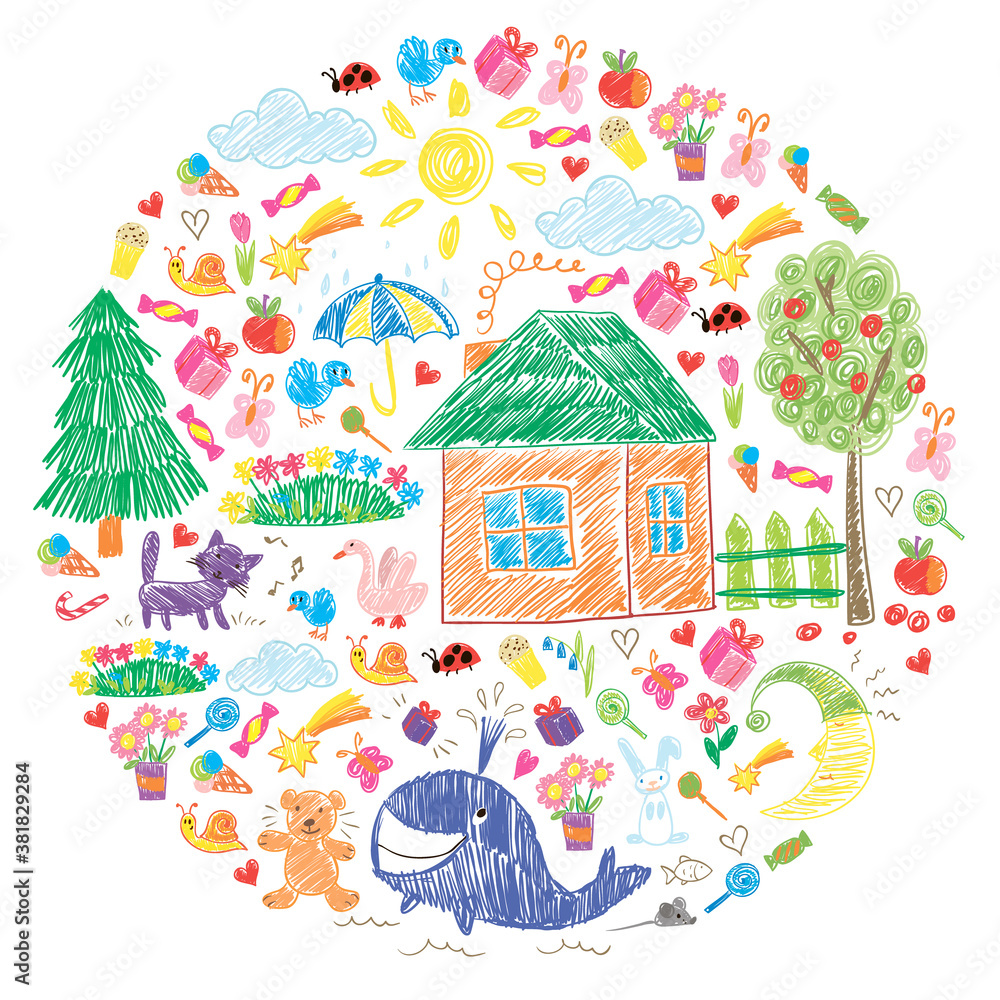 Kindergarten. Kids drawing style. Family. Mother, father, sister ...