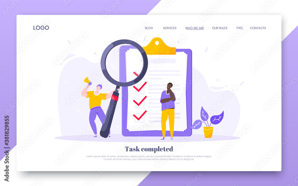 Task done business concept tiny person with megaphone, magnifying glass ...