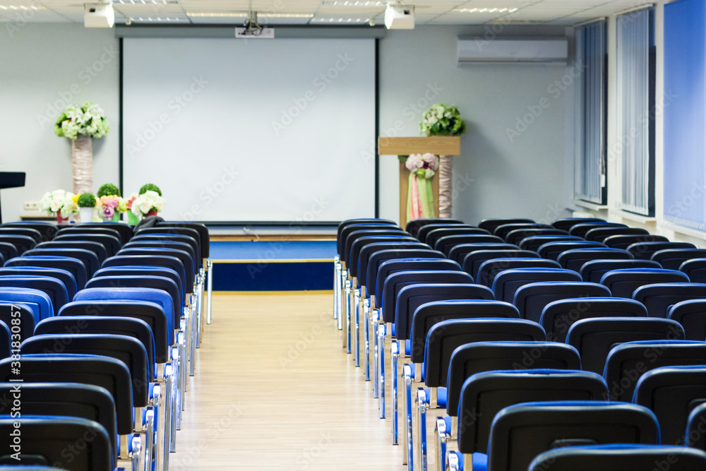 Contemporary Interior of Empty Conference Room With Blue Chairs in ...