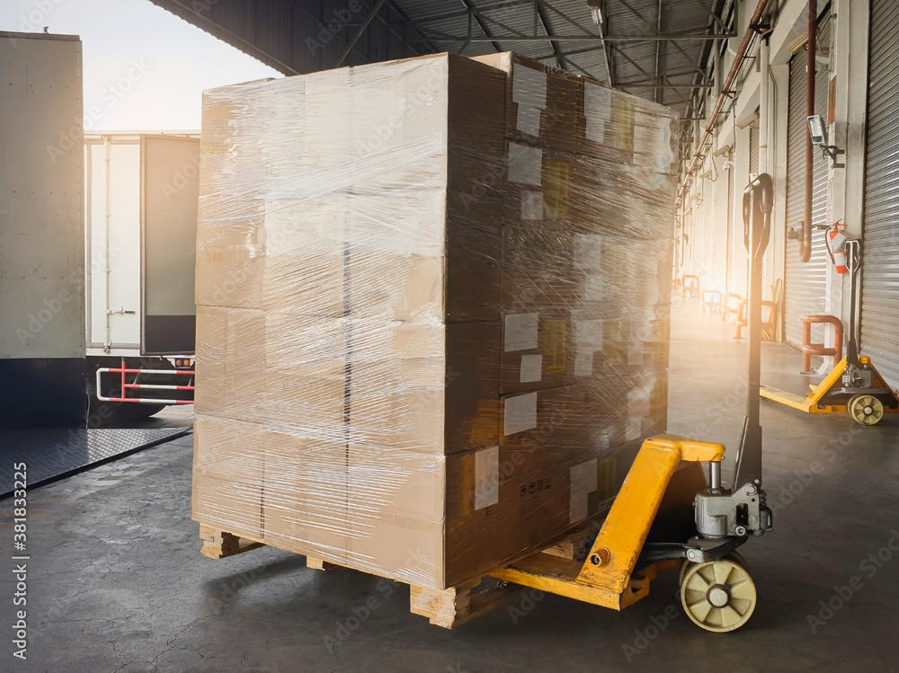 Shipment boxes, Cargo freight truck, Delivery. Hand pallet jack with ...