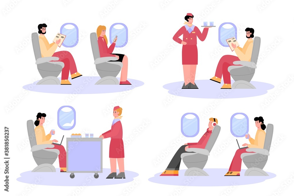 Set of serving passengers during the flight in airplane scenes, cartoon ...