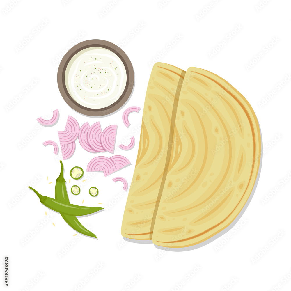 Chapati vector. Chapati on white background. chili and onion vector ...