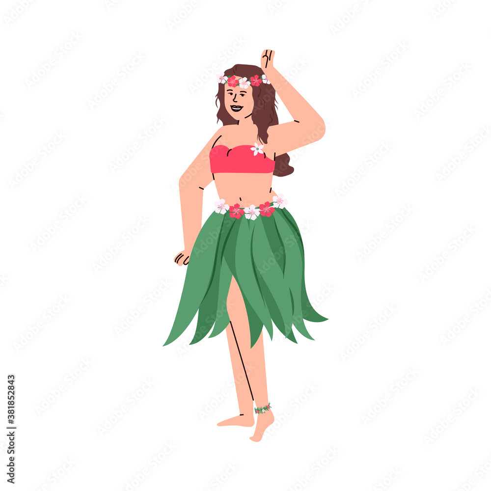 A hawaiian girl in traditional costume dances a hulu. Polynesian dancer ...