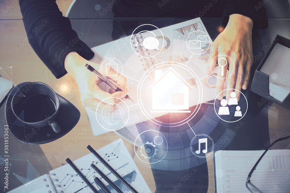 IOT drawing over writing hands in notepad background. Concept of smart ...