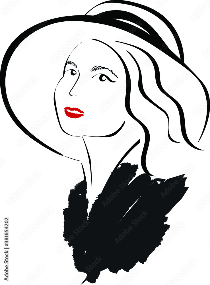 Vector illustration hand drawn lady in hat portrait isolated on white ...