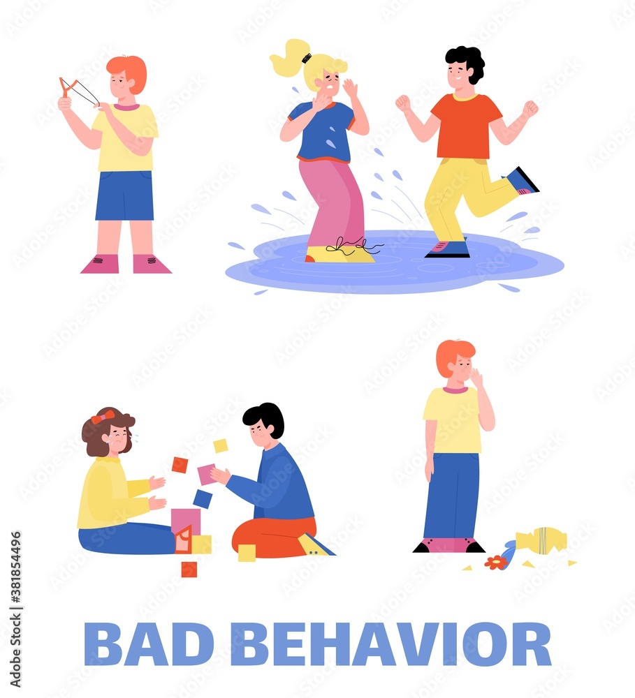 Set of bad kids behavior banner. Children doing bad childish things ...