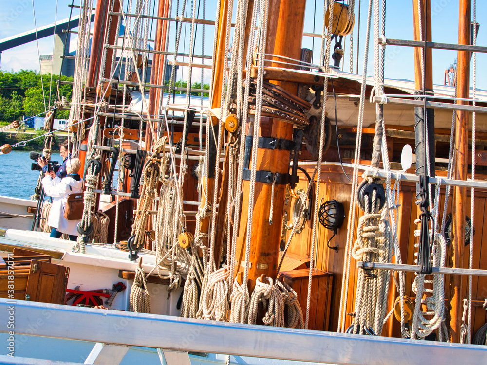 Nautical tackles and equipment of the old tall ship. Rigging ropes and ...