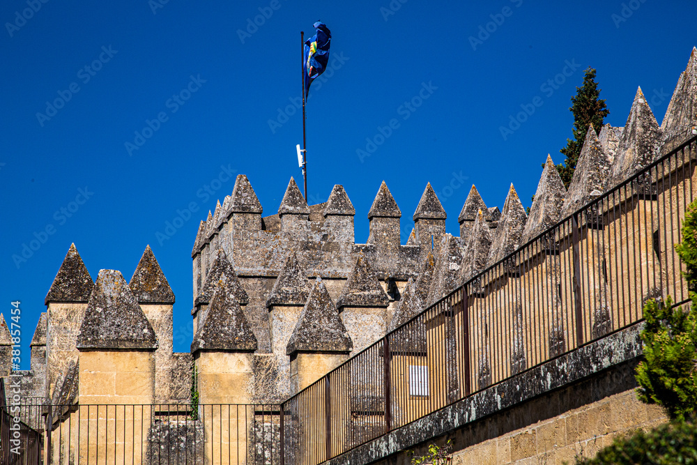 Detalles de murallas defensivas de castillo con torre y bandera Stock ...