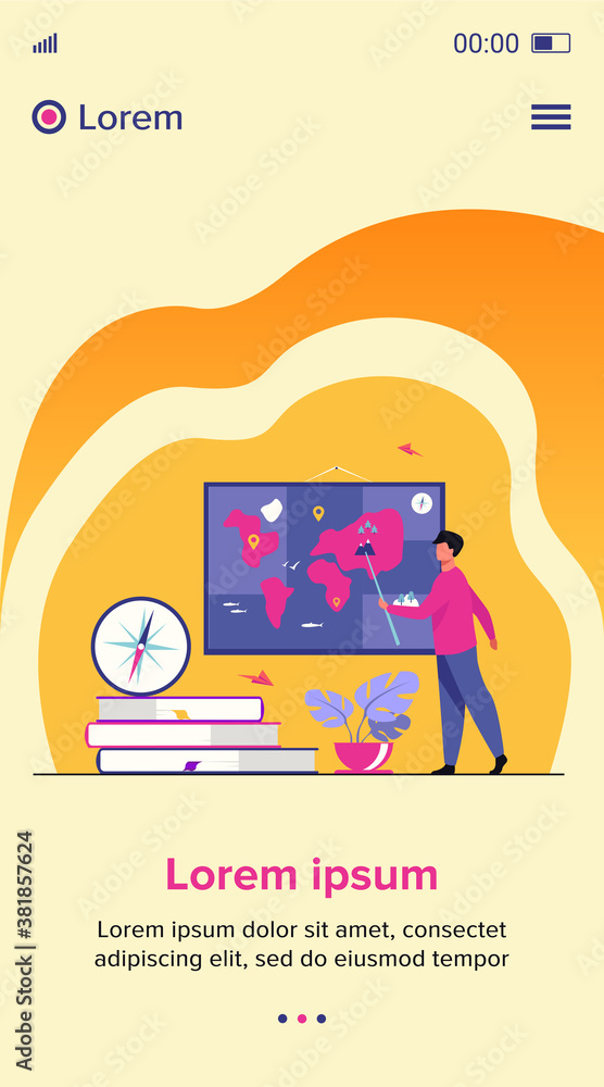 Geography teacher in class. Speaker presenting world map, using pointer ...