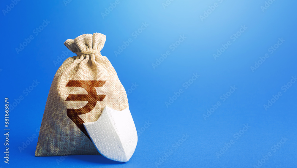 Indian rupee money bag and protection shield. Guaranteed deposits ...