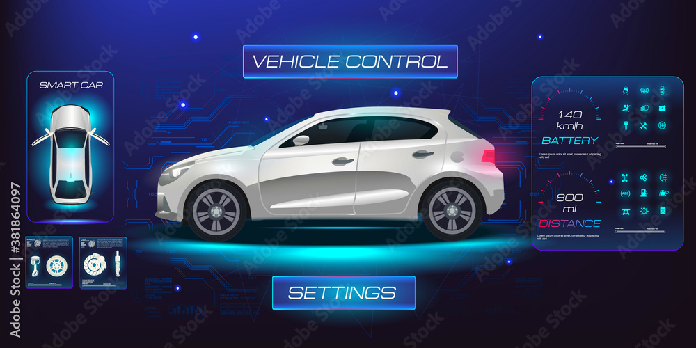 Smart car. Panel with car instrument settings. Testing, analysis ...
