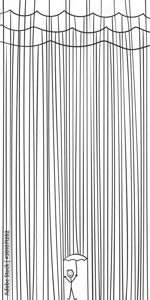 Stick man with umbrella under heavy rain, Stick figure happy people in ...