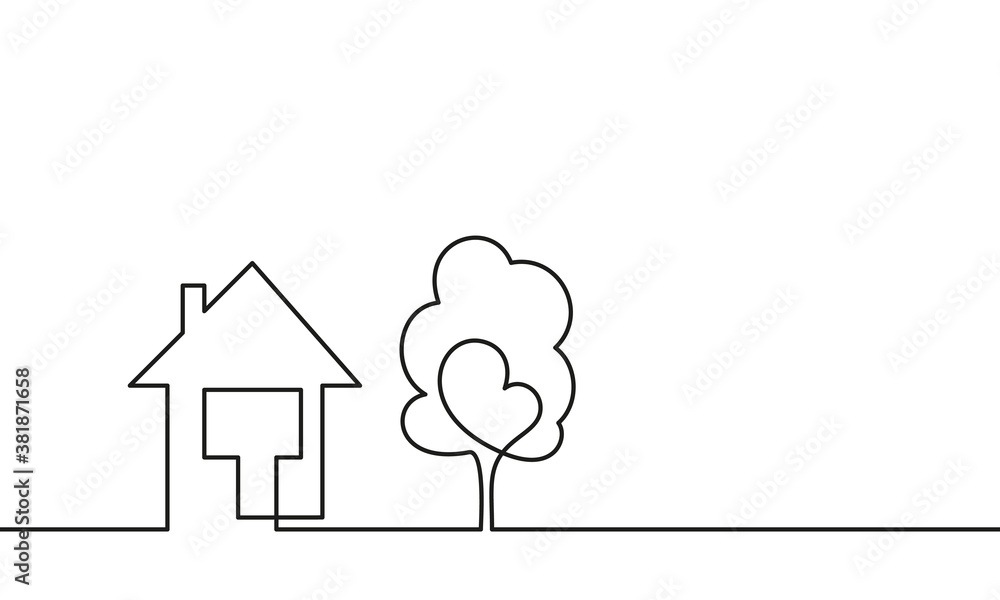 Continuous one line drawing house with tree, country residential ...