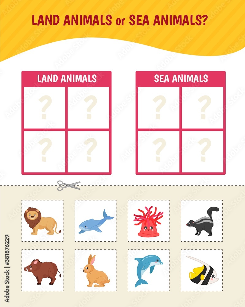 Educational game for children. Toddler Activity Cards. Land and sea ...