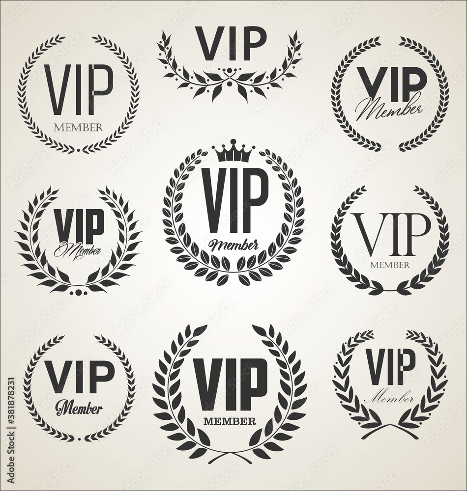 Collection of Vip label with laurel wreath retro template design Stock ...