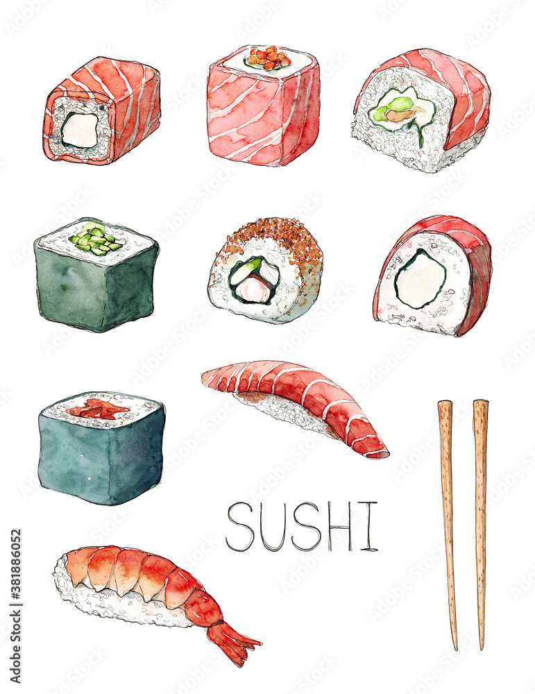 Watercolor hand drawn sketch illustration set of sushi with sticks for ...