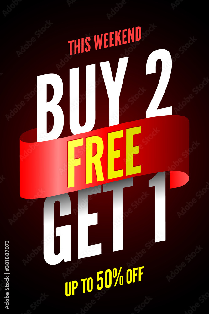 Buy 2, free get 1 sale banner with red ribbon. Vector illustration ...