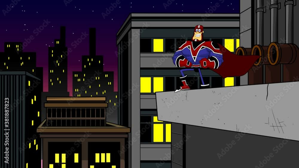 Super Hero Cartoon Character Over Building In A City. 4K Animation ...