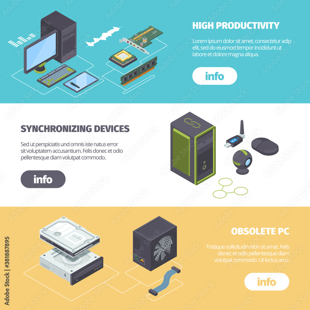 Computer components and gadgets isometric horizontal banner. Powerful ...