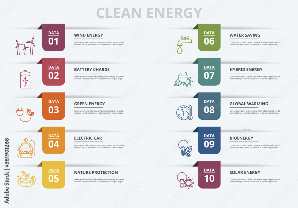 Infographic Clean Energy template. Icons in different colors. Include ...