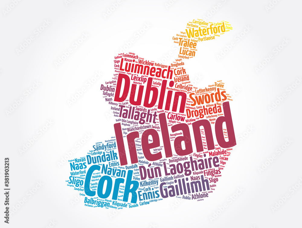 List of cities and towns in Ireland, map word cloud collage, business ...
