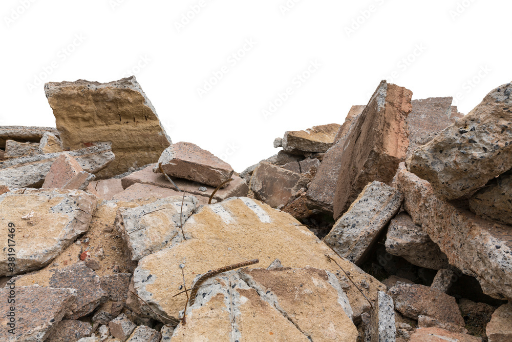 The ruins of concrete and brick rubble isolated on white background ...