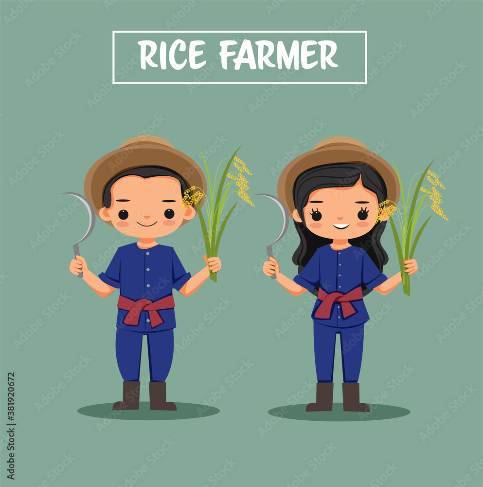 cute boy and girl rice farmer cartoon character Stock Vector | Adobe Stock