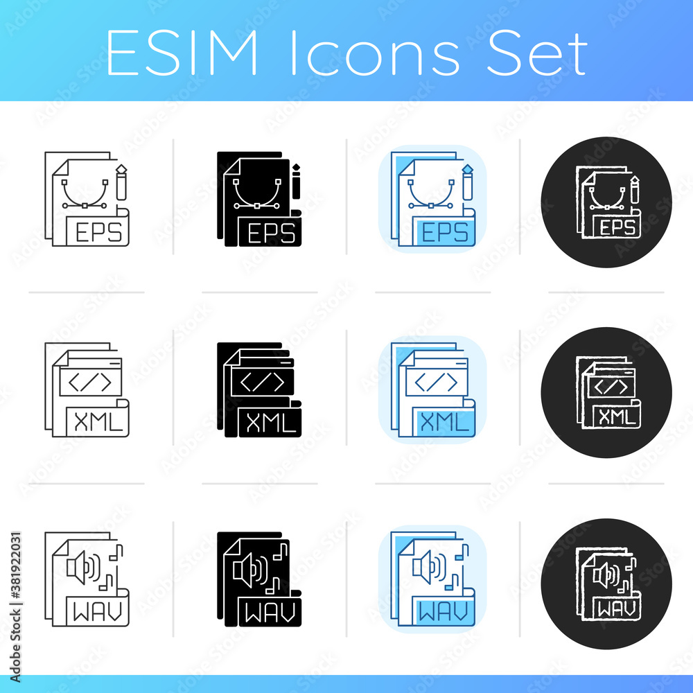 File formats icons set. Different types. EPS. XML. WAV. Document format ... File formats icons set. Different types. EPS. XML. WAV. Document format ...