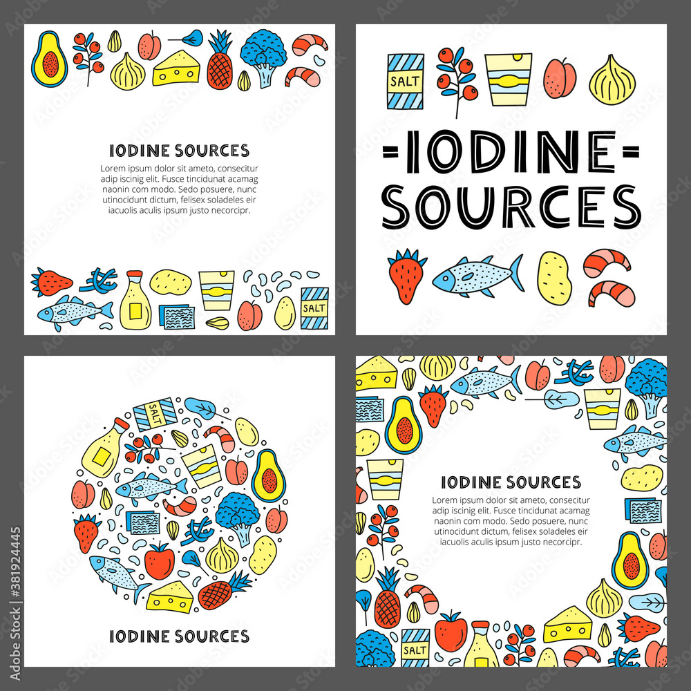 Set of cards with lettering and doodle colored iodine food sources ...