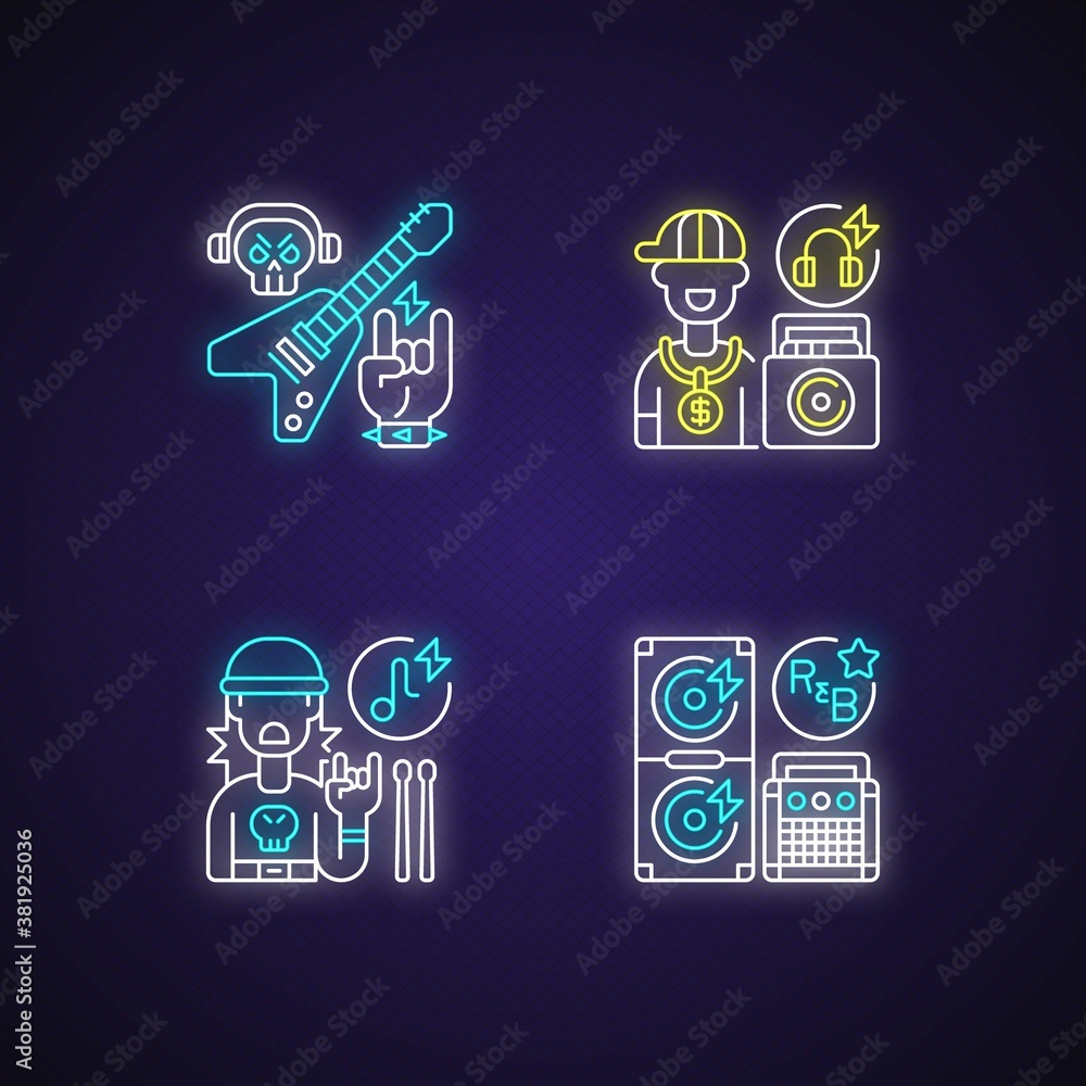 Modern street music neon light icons set. Heavy metal style. Classic ...