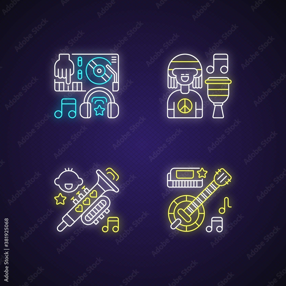 Modern music genres variety neon light icons set. Dj sound editing ...