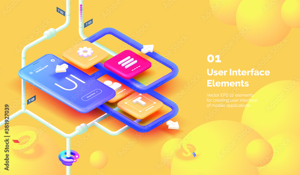Modern mobile app user interface concept. 3D Smartphone on a yellow ...