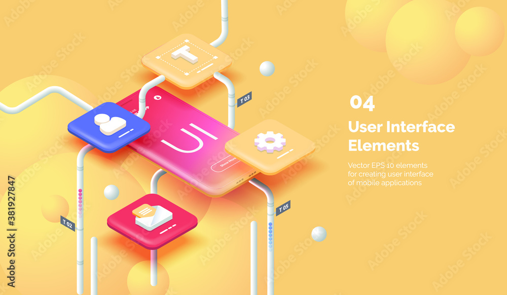 Modern mobile app user interface concept. 3D Smartphone on a yellow ...