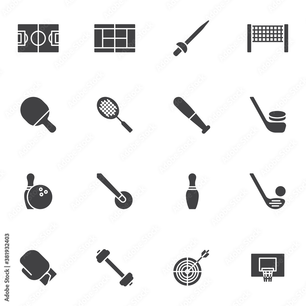 Sports equipment vector icons set, modern solid symbol collection ...