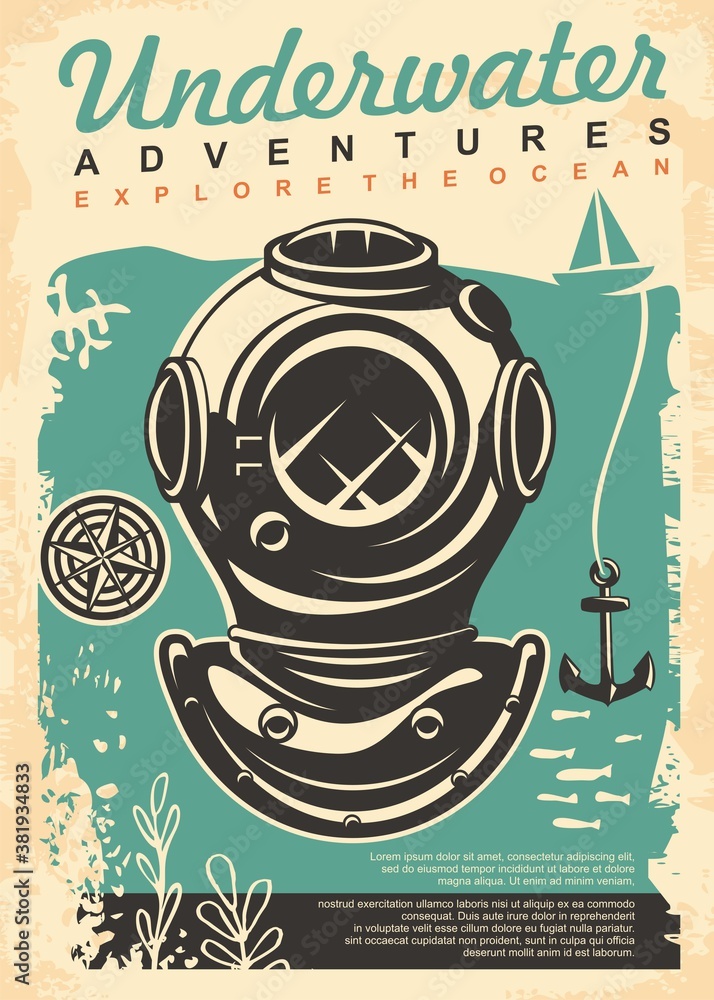 Underwater adventures retro poster or brochure design. Explore the ...