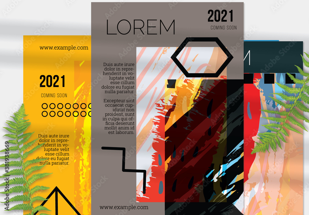Poster Layout with Geometric Shapes and Abstract Bright Artistic Brush ...