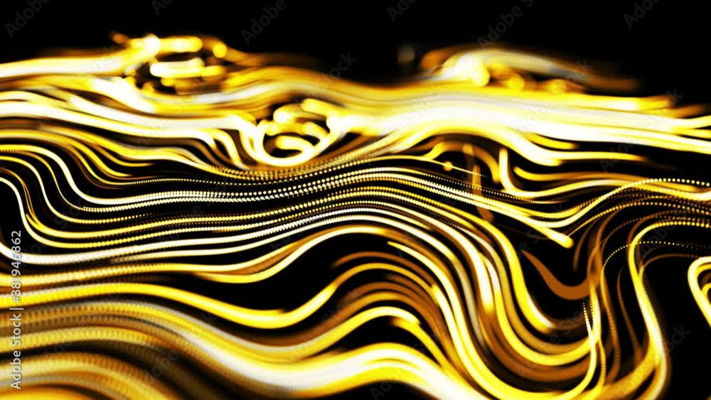 yellow flow of particles forms curled glow lines or light streaks like ...