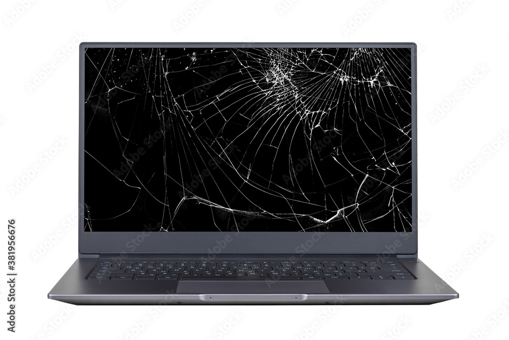 laptop with a broken, cracked screen isolated on white background close ...