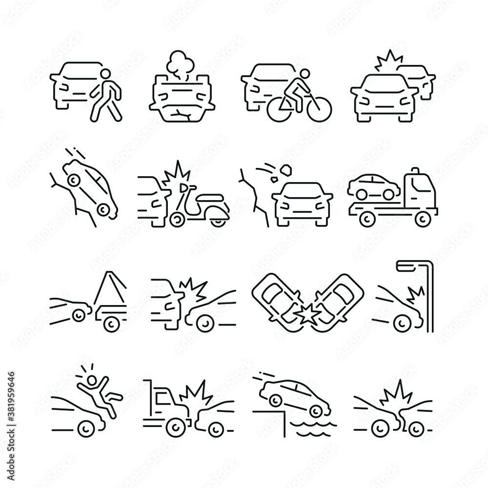 Car Accident related icons: thin vector icon set, black and white kit ...