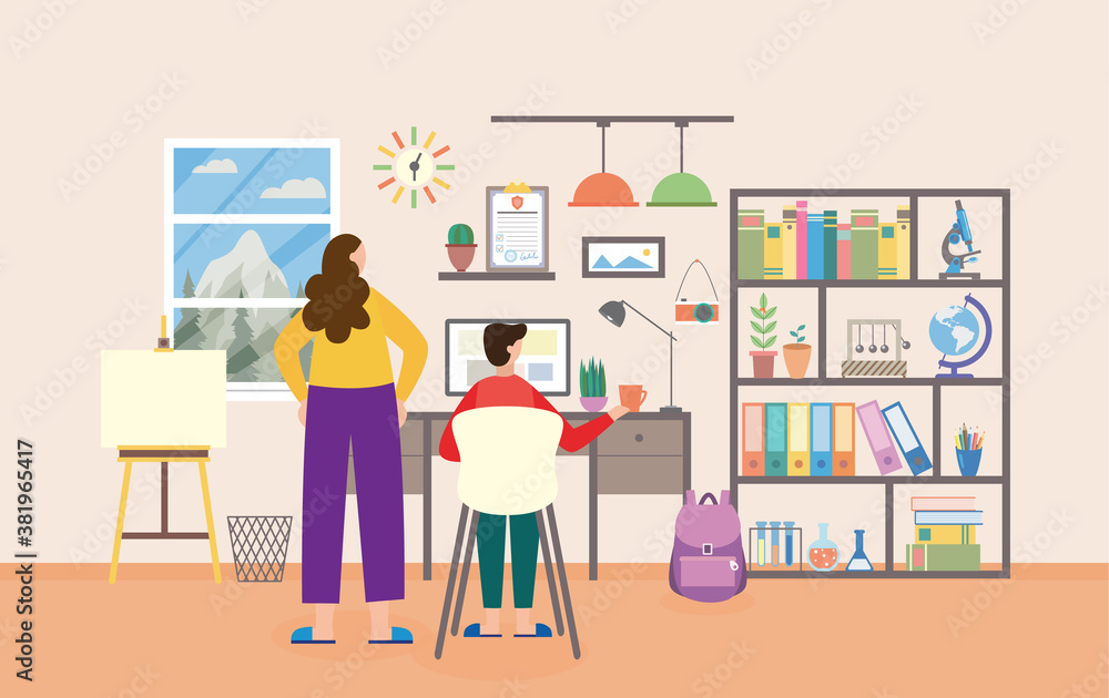 Cartoon boy in study room interior learning online from home computer ...