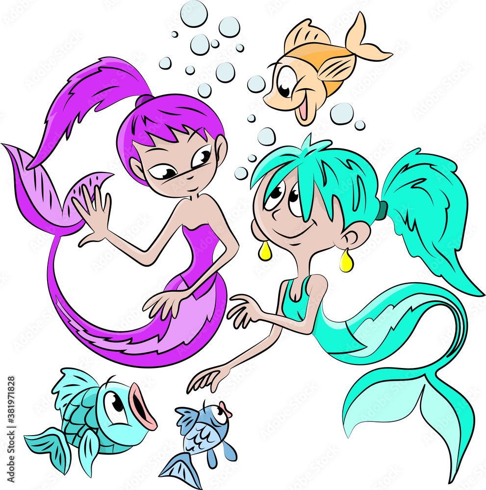 Cartoon mermaids having fun swimming with their fish friends vector ...